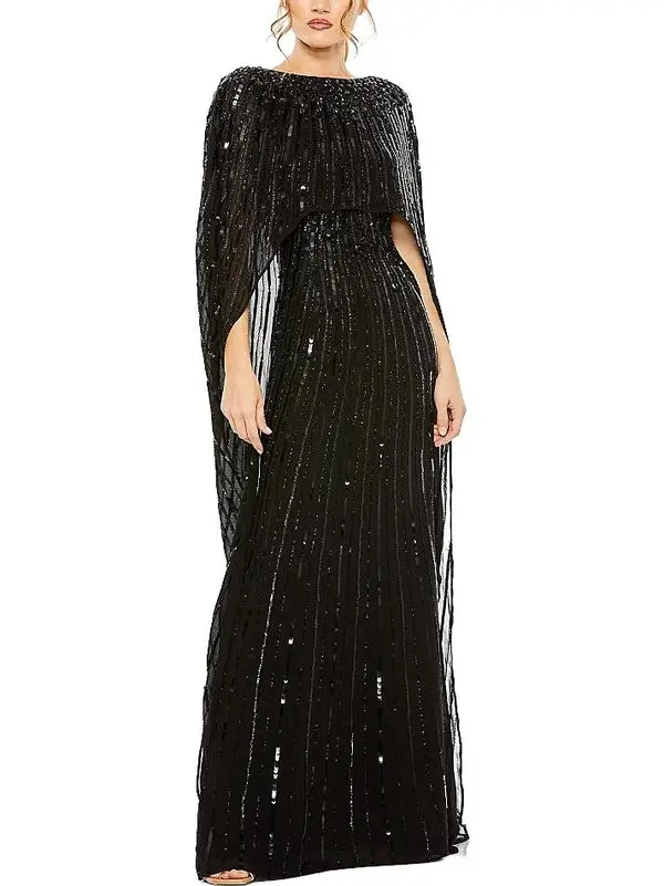 Mac Duggal Embellished Column Cape Gown - Black