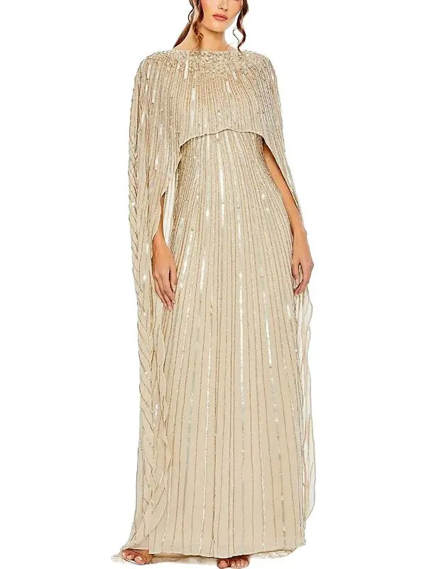 Mac Duggal Embellished Column Cape Gown - Champagne