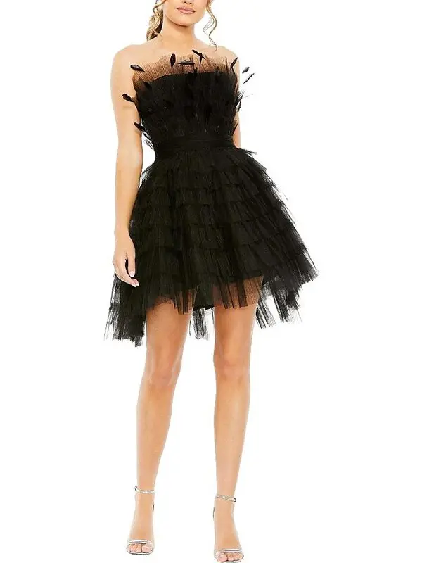 Mac Duggal Feathered Strapless Tulle Dress - Black
