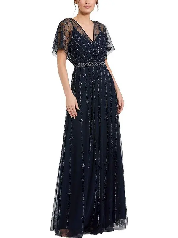 Mac Duggal V-neck Embellished Flutter Sleeve A-line Gown - Midnight