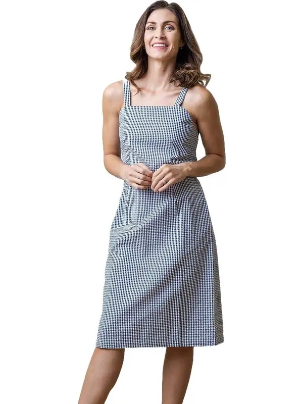 HOPE & HENRY Organic Cotton Seersucker Midi Sheath Dress - Navy Gingham Seersucker