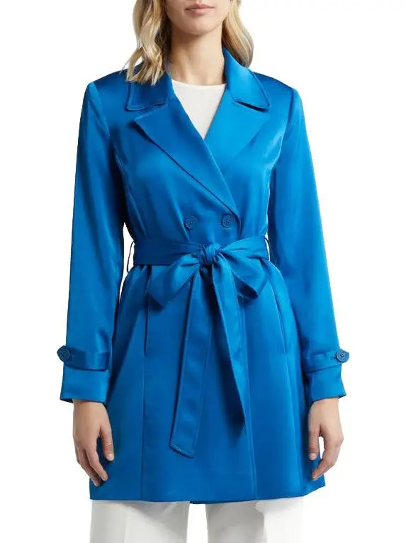 TAHARI ASL Satin Trench Coat - French Blue