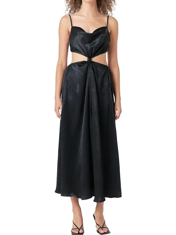 Endless Rose Front Twist Satin Midi Dress - Black