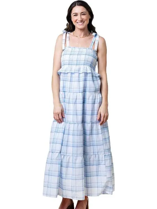 HOPE & HENRY Organic Smocked Tiered Dress - Classic Blue Tonal Plaid