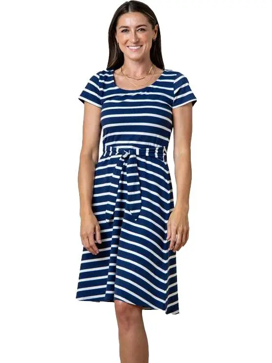 HOPE & HENRY Organic Tie-waist Knit Fit And Flare Dress - Navy With White Stripe
