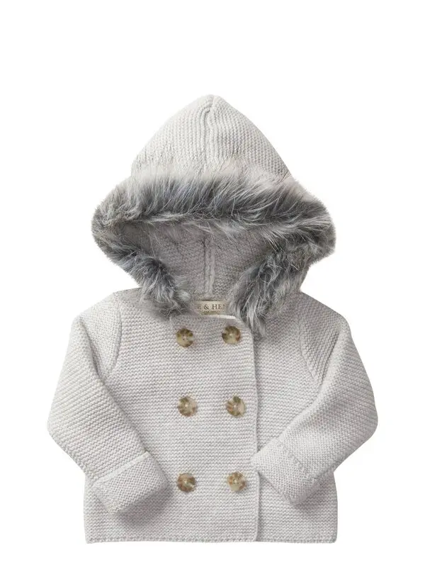 HOPE & HENRY Baby Faux Fur Hooded Sweater - Light Grey Heather Faux Fur