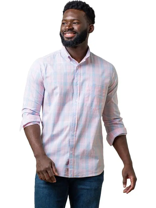 HOPE & HENRY Organic Stretch Poplin Shirt - Pink Petal Plaid