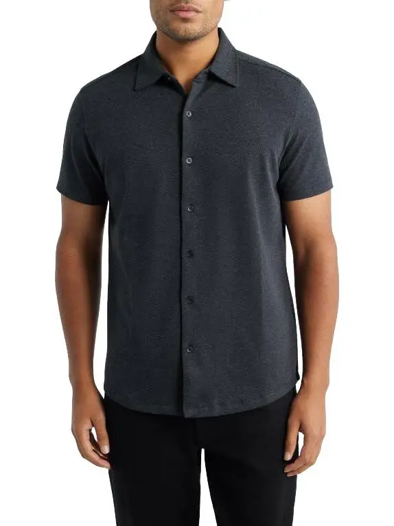 Robert Barakett Keyes Slim Fit Microprint Short Sleeve Knit Button-up Shirt - Black