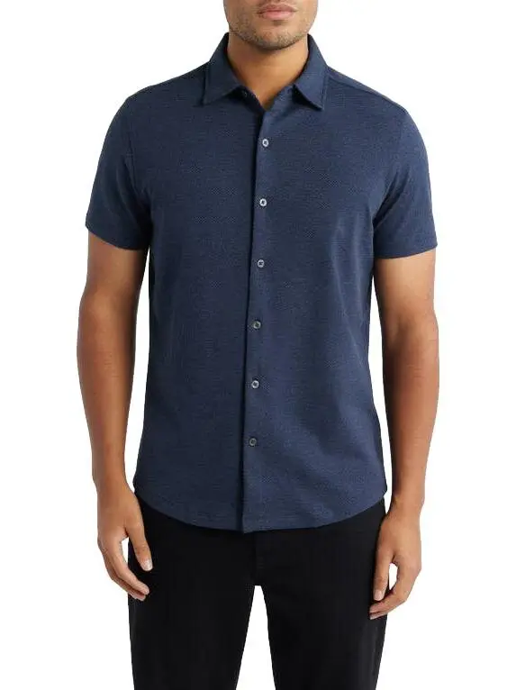 Robert Barakett Keyes Slim Fit Microprint Short Sleeve Knit Button-up Shirt - Navy