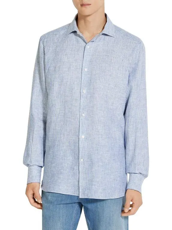 Zegna Stripe Oasi Linen Button-up Shirt - Dark Blue