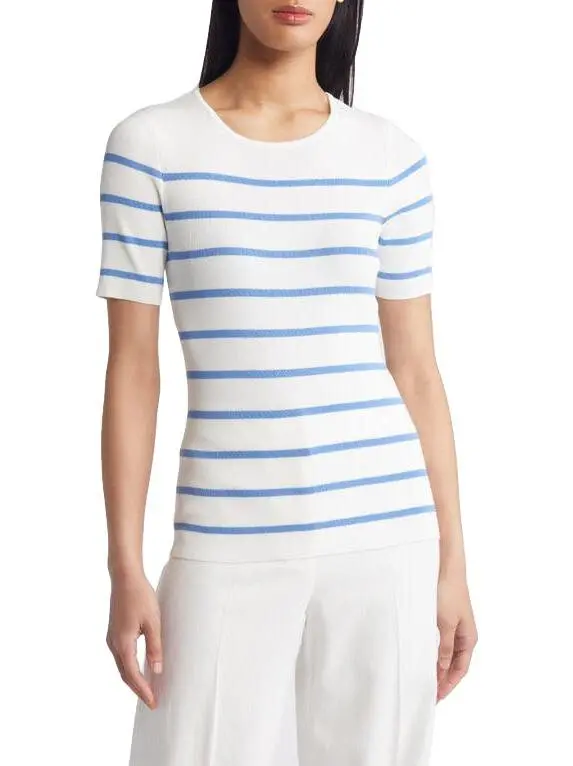 TAHARI ASL Stripe Short Sleeve Sweater - Ivory Summer Sky
