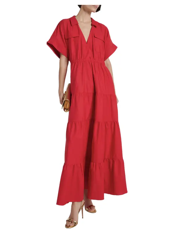 ADRIANA DEGREAS Tiered Cotton Maxi Dress - Red