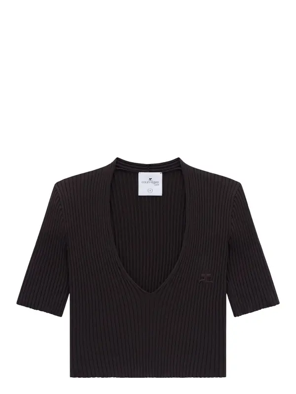COURREGES Ribbed Knit V-neck Top - Brown
