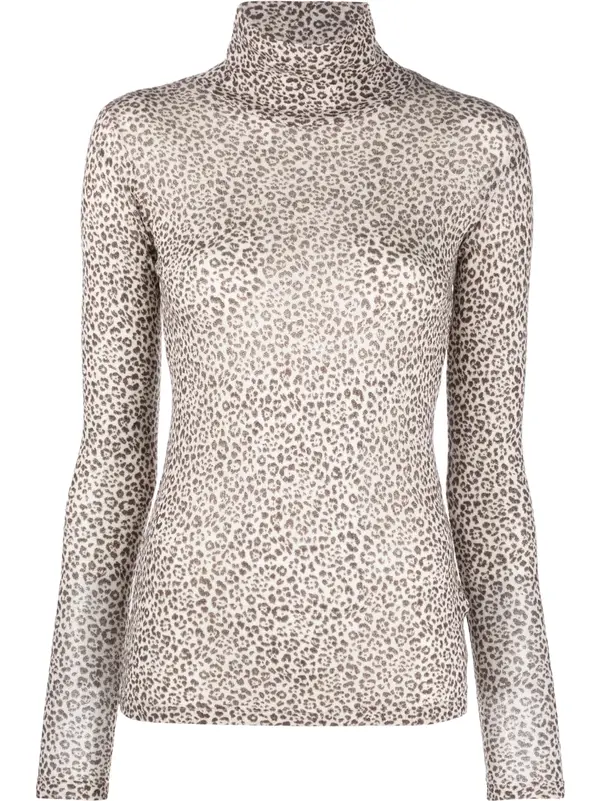 Saint Laurent Leopard Print Turtleneck Jumper - Brown