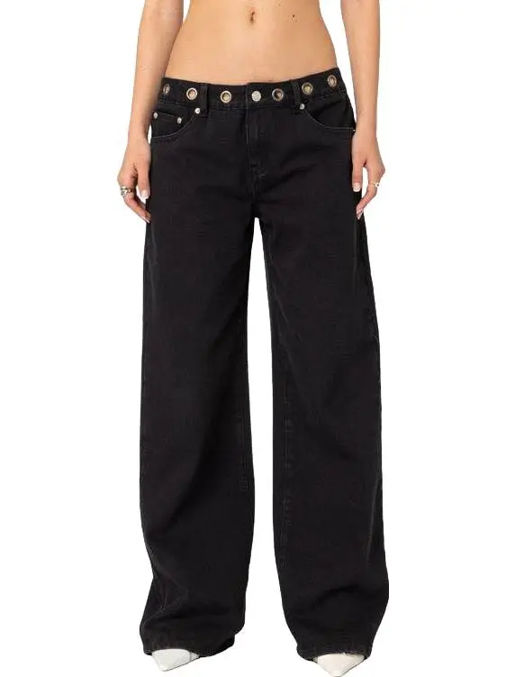 EDIKTED Libby Grommet Waist Wide Leg Jeans - Black