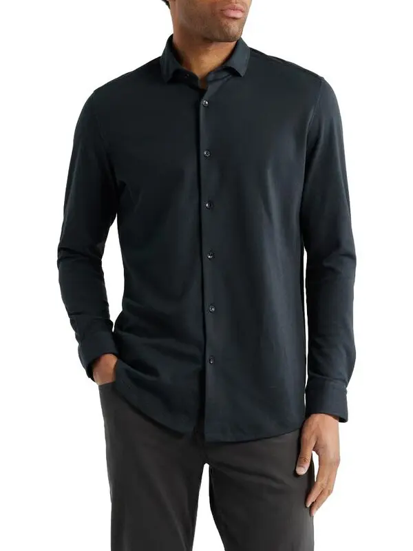 Stone Rose Solid Performance Piqué Button-up Shirt - Black