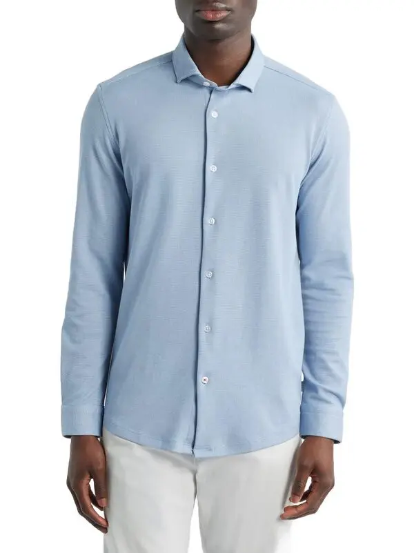 Stone Rose Solid Performance Piqué Button-up Shirt - Blue Shadow