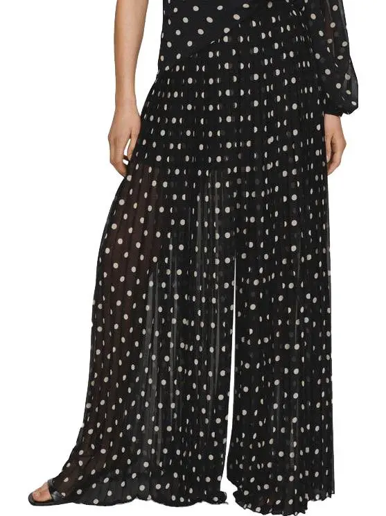 Mango Adela Polka Dot Pleated Chiffon Palazzo Pants - Black