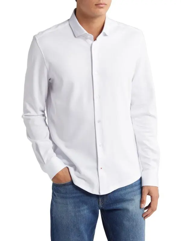 Stone Rose Solid Performance Piqué Button-up Shirt - White