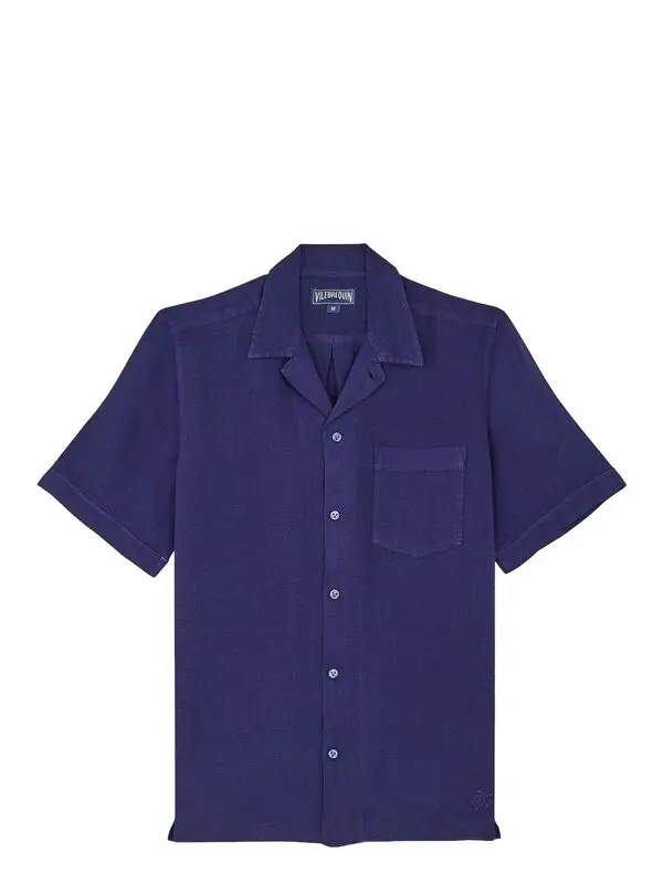 Vilebrequin Linen Solid Bowling Shirt - Minuit