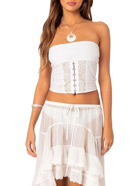 EDIKTED Lacey Strapless Cotton Corset Top - White