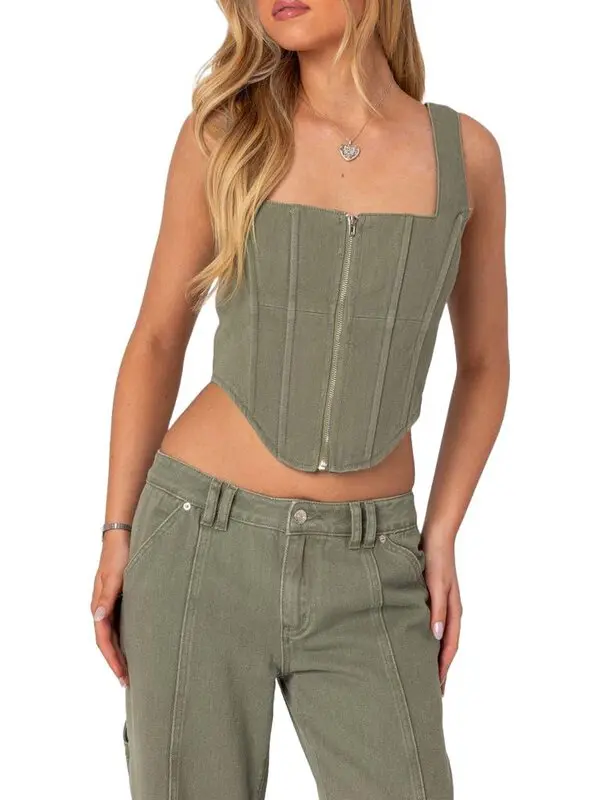 EDIKTED Lottie Denim Corset Top - Olive