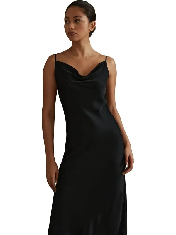 REISS Isabel Satin Midi Dress - Black