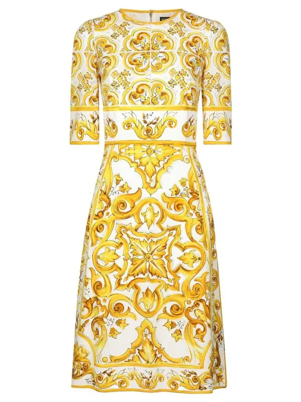 Dolce & Gabbana Majolica Print Silk Dress - Yellow