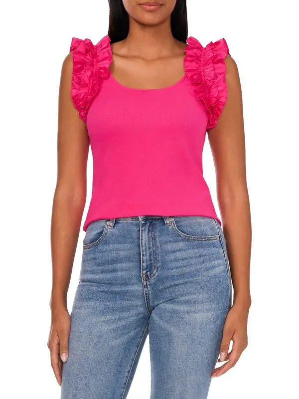 CECE DUPRAZ Ruffle Shoulder Rib Tank - Bright Rose