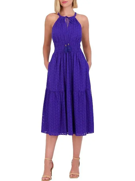 Vince Camuto Halterneck Cotton Eyelet Midi Dress - Porcelain Blue