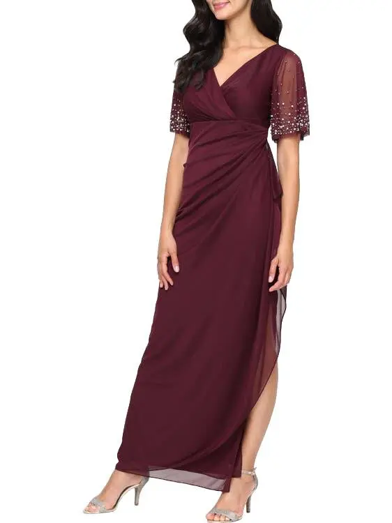 Alex Evenings Imitation Pearl & Rhinestone Embellished Gown - Fig