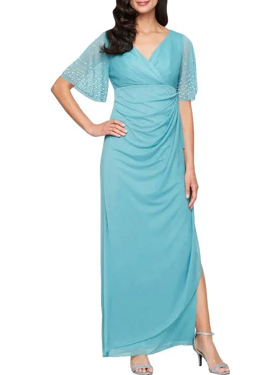 Alex Evenings Imitation Pearl & Rhinestone Embellished Gown - Teal
