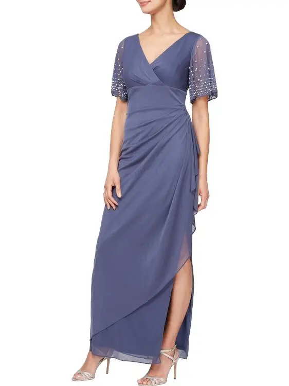 Alex Evenings Imitation Pearl & Rhinestone Embellished Gown - Violet