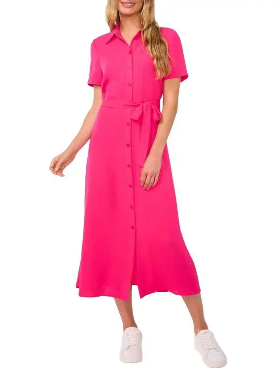CECE DUPRAZ Tie Belt Button-up Twill Gauze Midi Dress - Bright Rose
