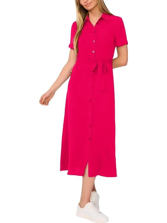 CECE DUPRAZ Tie Belt Button-up Twill Gauze Midi Dress - Brt Geranium