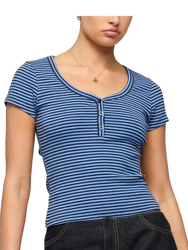 EDIKTED Striped Henley Tee - Blue/ Navy