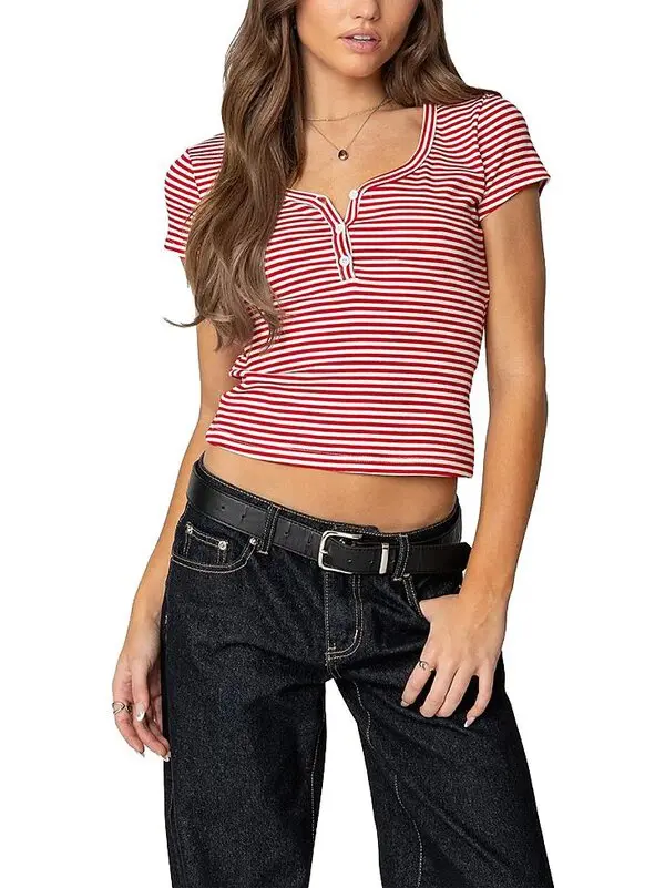 EDIKTED Striped Henley Tee - Red