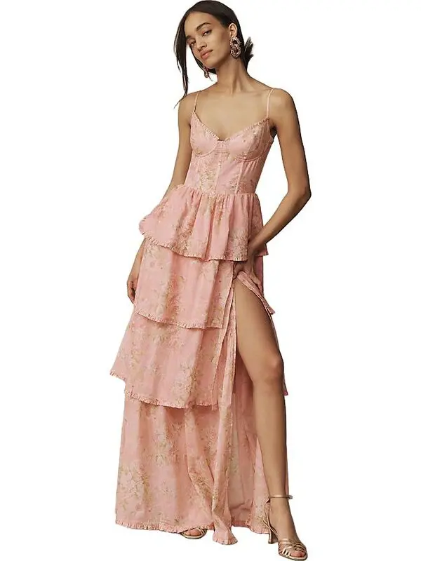 V. CHAPMAN Caterina Corset Ruffle Dress - Pink Pattern