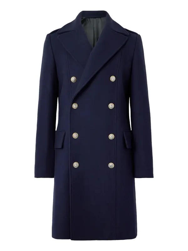 Balmain Double-breasted Wool-blend Felt Coat - Blue
