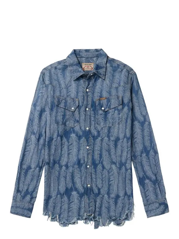 Kapital Magpie Distressed Denim-jacquard Western Shirt - Blue