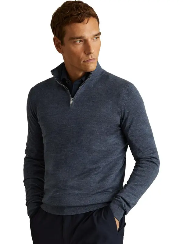 REISS Merino Wool Half-zip Funnel Neck Jumper - Blue