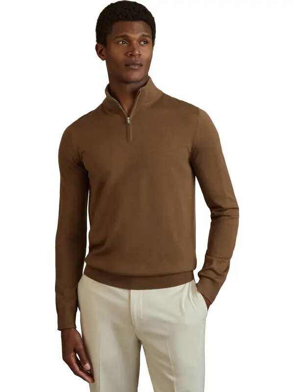 REISS Half Zip Merino Wool Funnel Neck Jumper - Brown