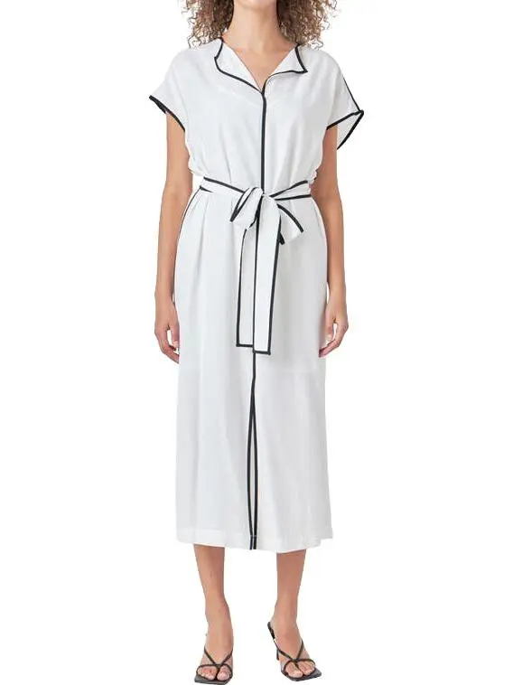 Endless Rose Contrast Binding Tie Belt Midi Dress - White/black