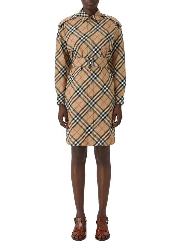 Burberry Checked Long Sleeve Dress - Sand