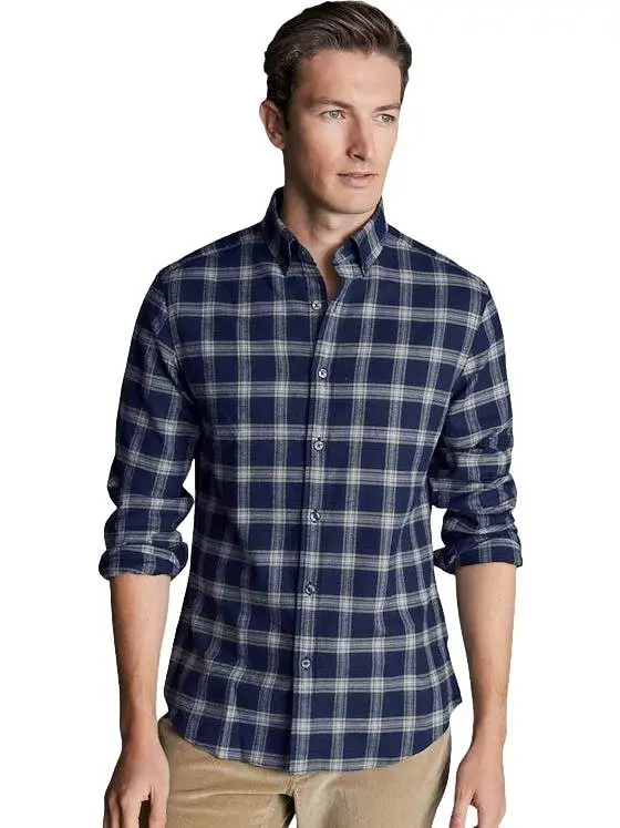 CHARLES TYRWHITT Slim Fit Button-down Collar Brushed Flannel Check Shirt - French Blue