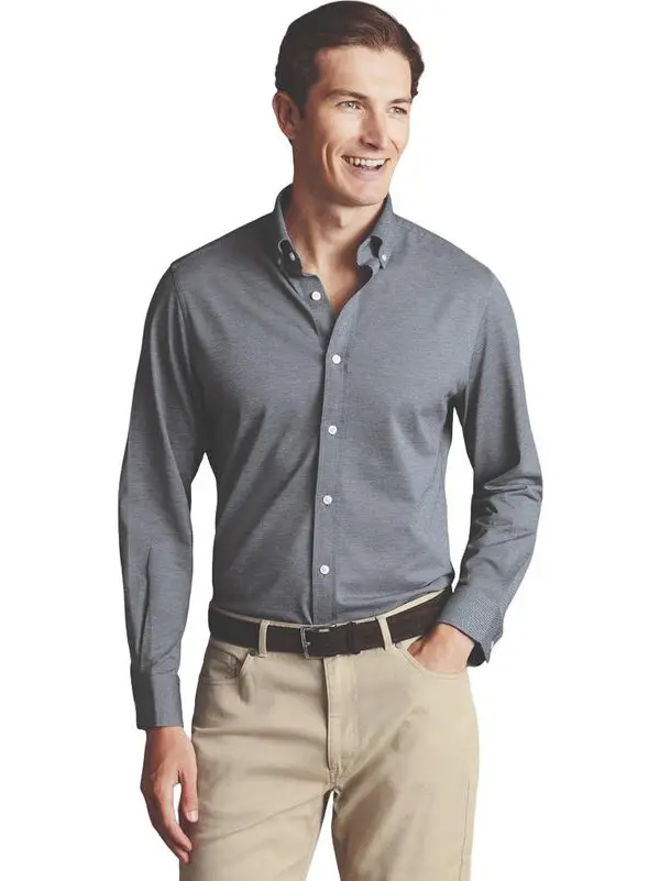 CHARLES TYRWHITT Four-way Stretch Button Down Jersey Shirt - Flint Grey