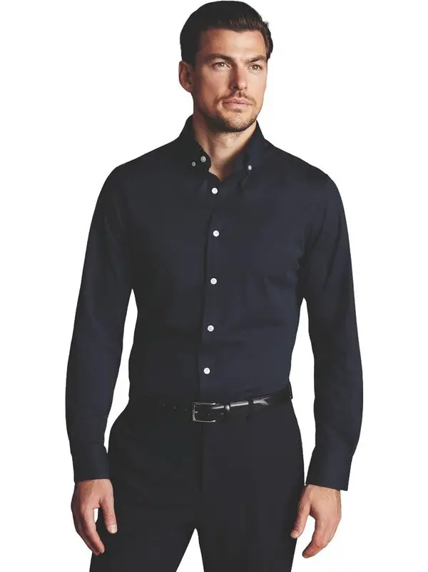 CHARLES TYRWHITT Four-way Stretch Button Down Jersey Shirt - Navy