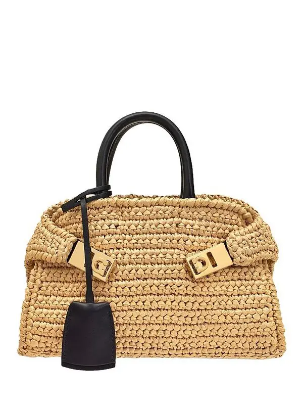 FERRAGAMO Mini Woven Hug Bag - Natural/black/gold