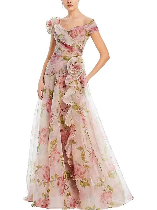 Rickie Freeman For Teri Jon Organza Rosette Gown - Blush Multi