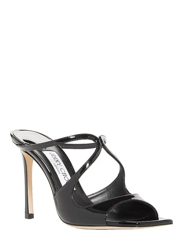 JIMMY CHOO Anise 95 Strappy High Heel Slides - Black Patent Leather